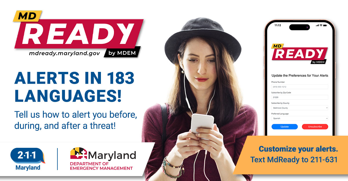 Personalized MdReady Text Alerts - 211 Maryland